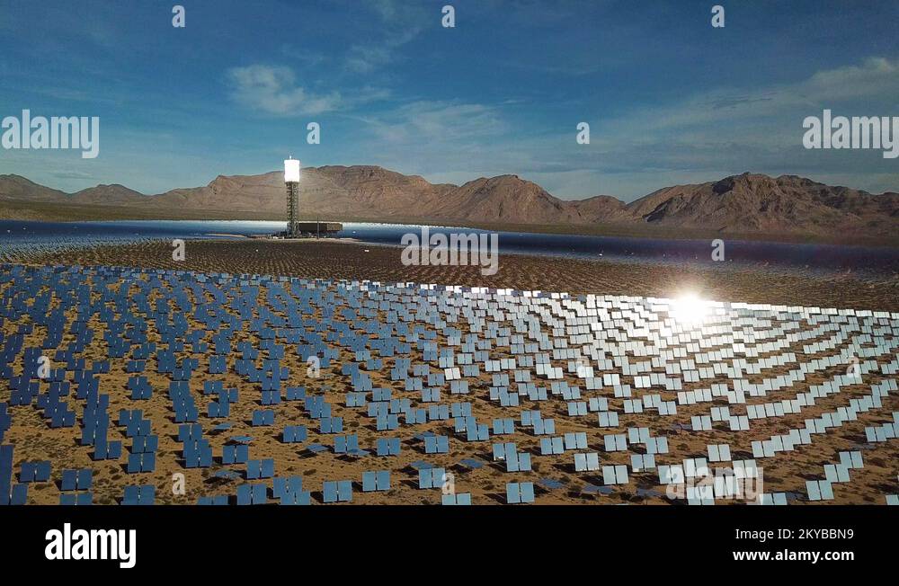 Drone aerial over a vast solar power generating facility at Primm ...