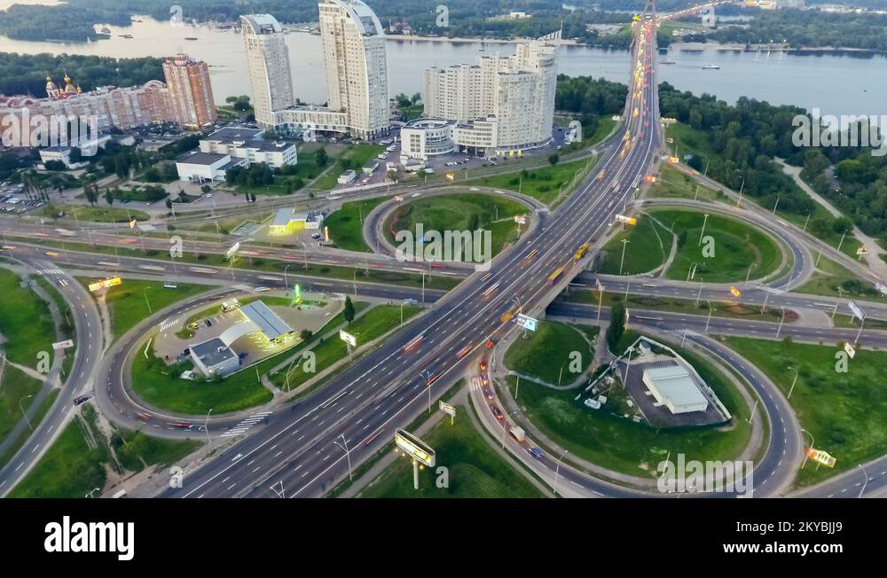 Static vertical top down aerial view of traffic on freeway interchange ...