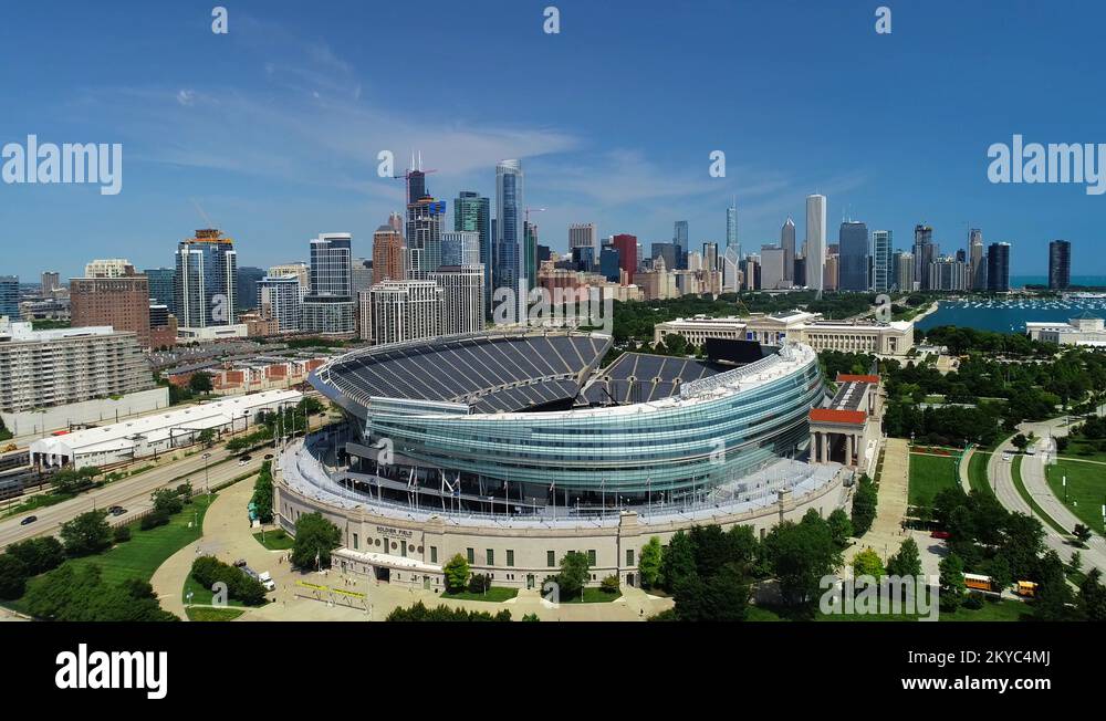 Flyover Soldier Field with a View of Downtown Chicago in the Background ...