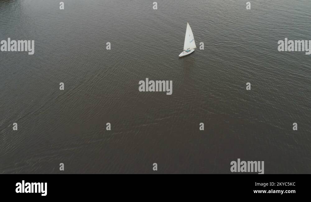 White Sailing Ship in Gulf. Aerial Vertical Top-Down View Stock Video ...
