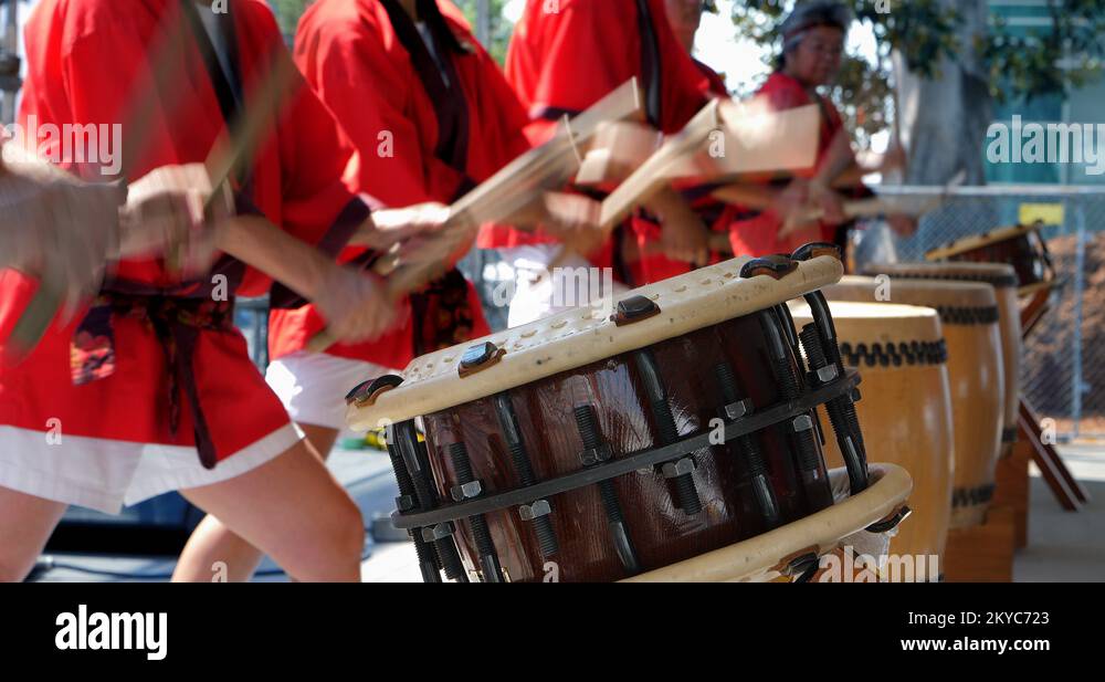 Japanese Taiko musicians play drums at cultural festival in Los Angeles ...