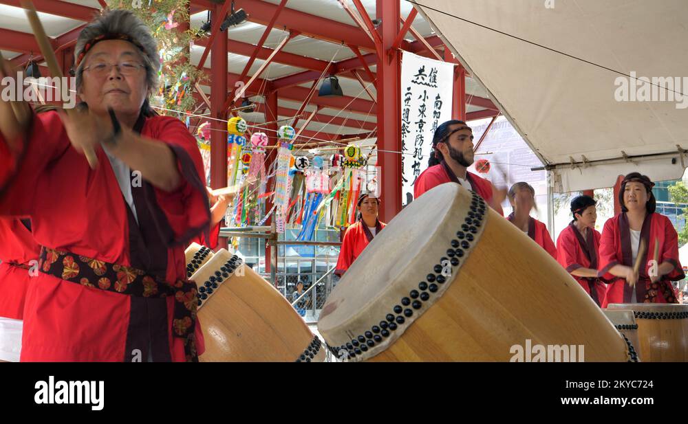 Japanese Taiko musicians play drums at cultural festival in Los Angeles ...