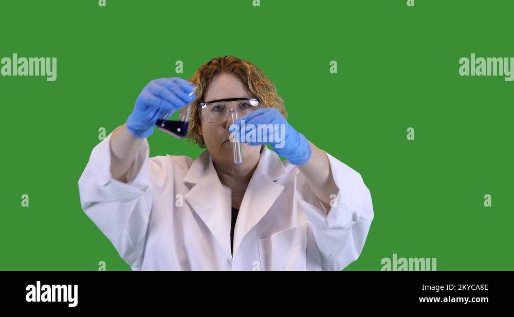 Female scientist with beaker and test tube, green screen Stock Video ...