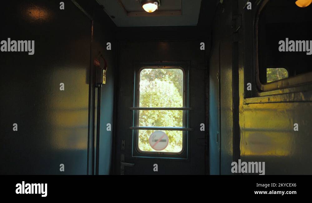 hall corridor inside the railway train car window light from the window ...