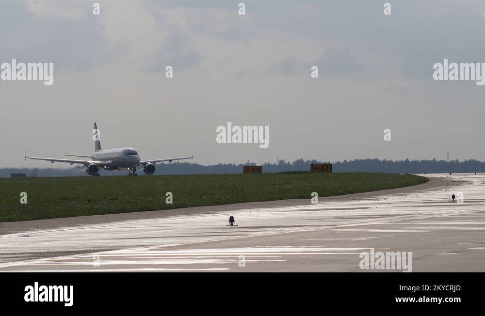 Airliner moves on runway. Takeoff run of passenger airplane Stock Video ...