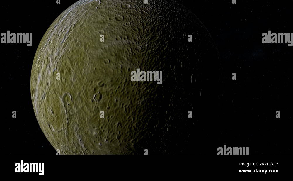 Satellite Rhea, Saturn V, orbiting in the outer space with severals ...