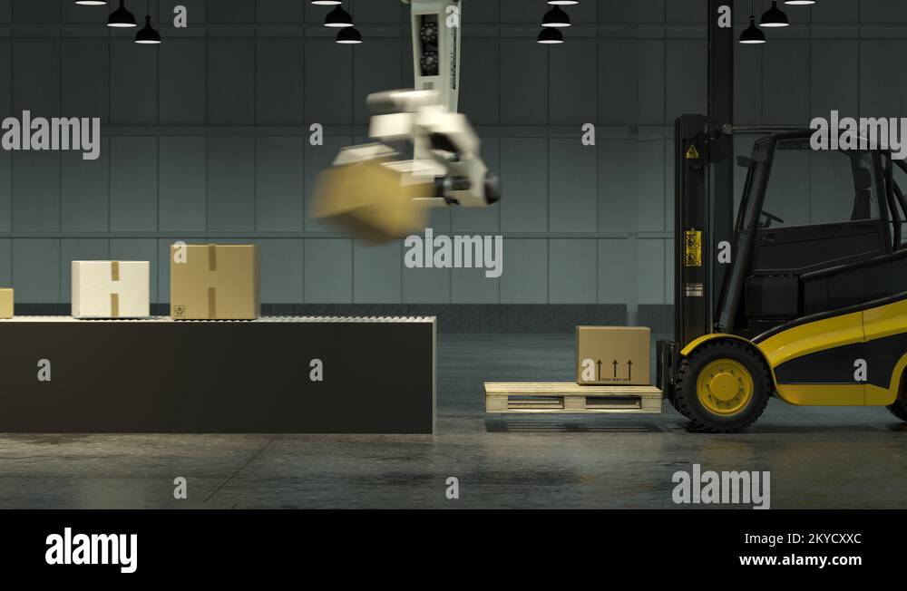 "Modern, advanced, robot arm loading and stacking cargo boxes onto a ...