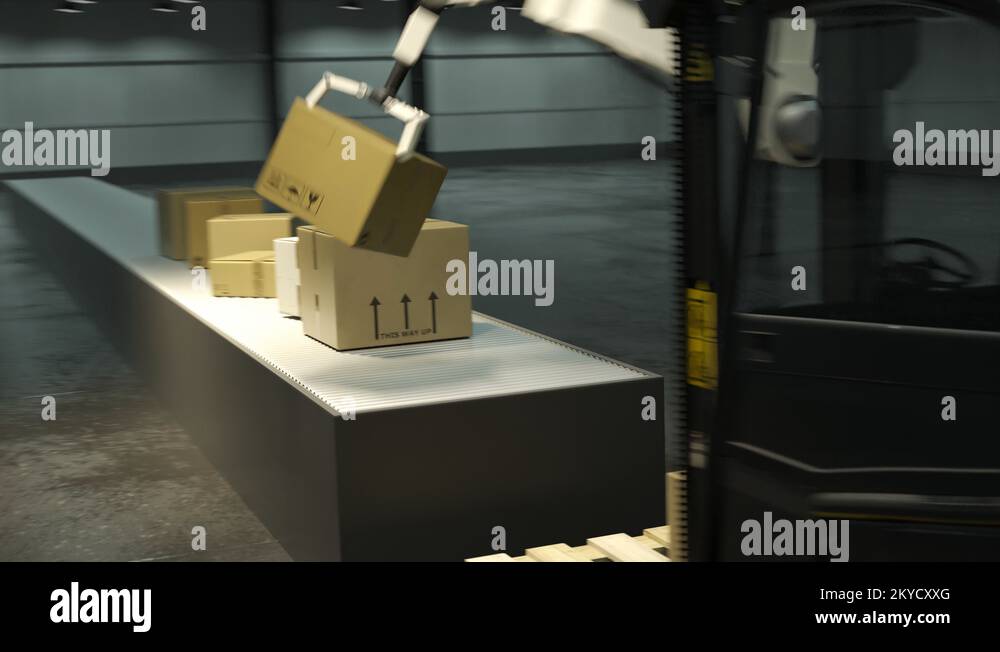 "Modern, advanced, robot arm loading and stacking cargo boxes onto a ...