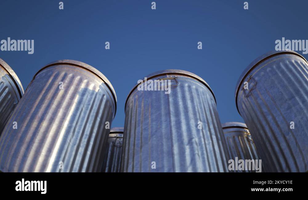 "Steel trash bins stacked together in an endless loop lit by the ...