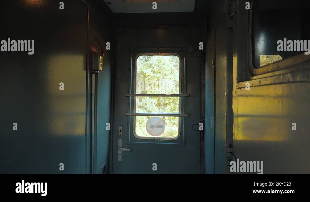 hall corridor inside the railway train car window light from the window ...