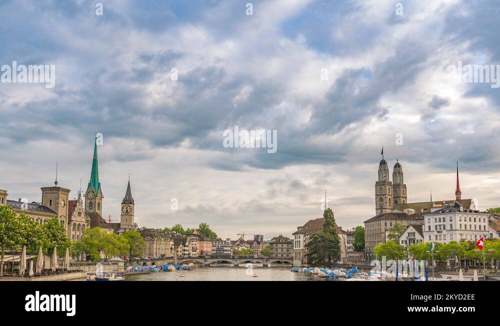 Zurich Switzerland time lapse 4K, city skyline timelapse at Limmat ...