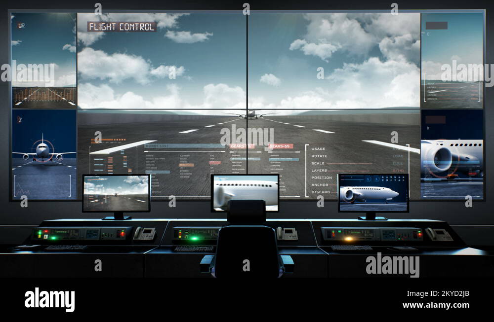 3D Airplane take off on a runway with Airport control tower room. tour ...