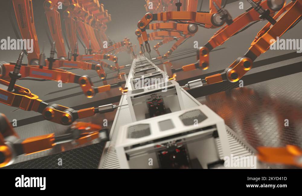 "Efficient robotic arms assembling 3d printer on a factory line in a ...