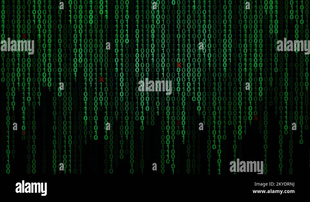 Binary code black and green background with digits moving on screen ...