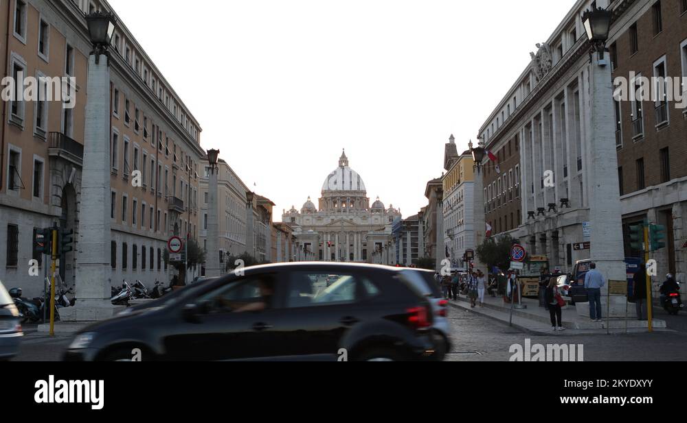 Cars Traffic in Center of Rome with Famous Landmark Vatican St. Peter's ...