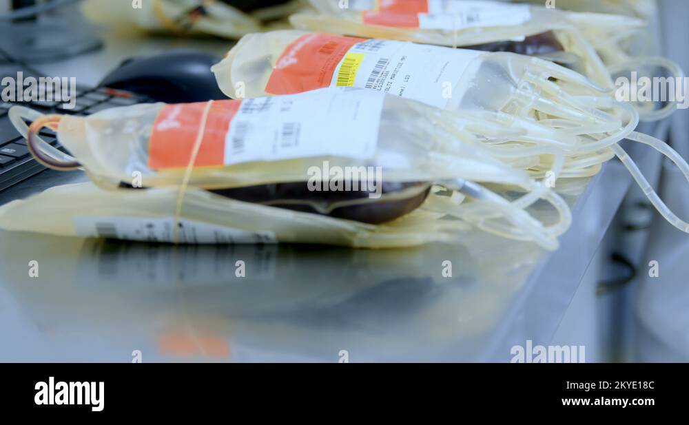 Laboratory technician scanning plasma bags with barcode scanner 4k ...