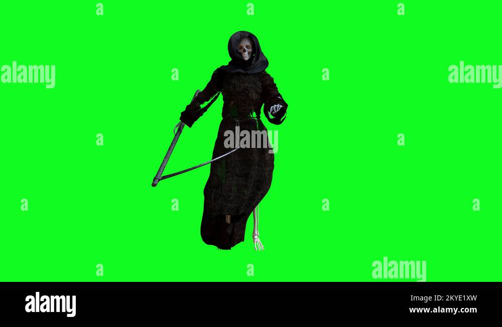 death in the hood, grim Reaper standing 3D render on a green background ...