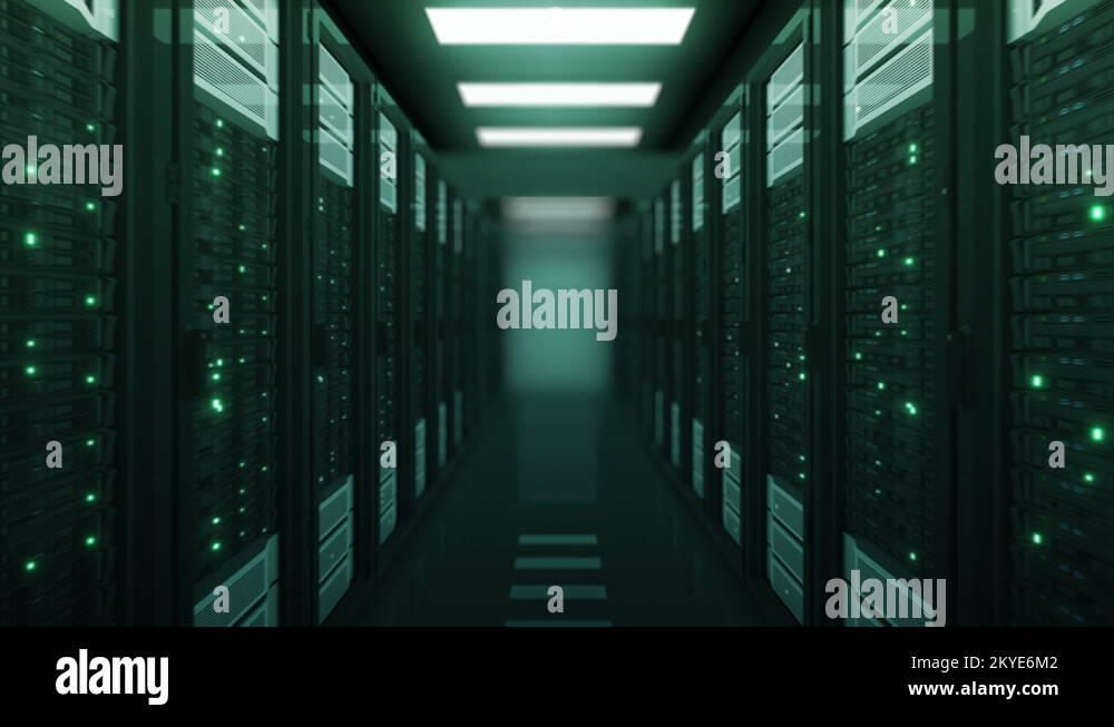 Seamless Flight Through the Server Racks Green Color in Data Center DOF ...