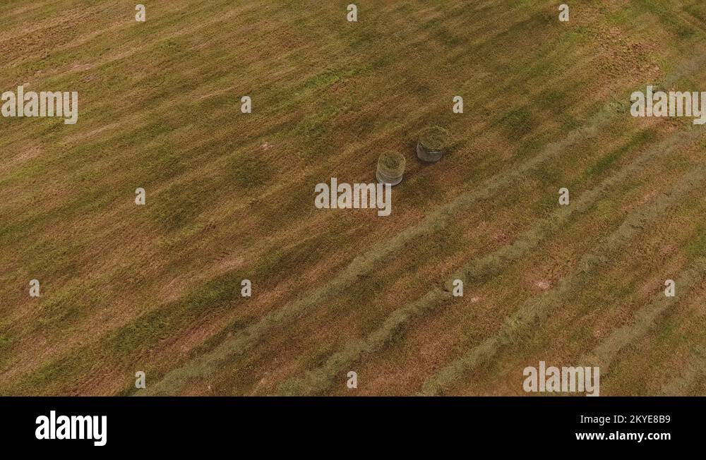 Sky view showing big green tractor bale elevator carries round shaped ...