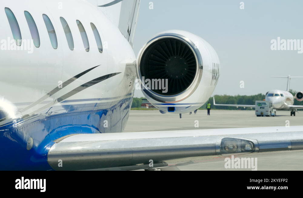Plane. Cowling with jet engine of passenger airliner located at airport ...