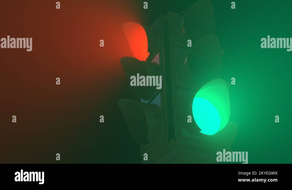 Retro traffic lights during dark foggy night, mysterious road ...
