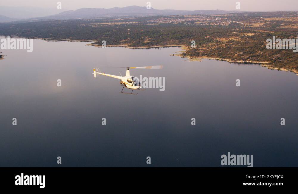 Transportation, Helicopter, Lake, Flying, Mid-Air, Wide Shot, Side View ...