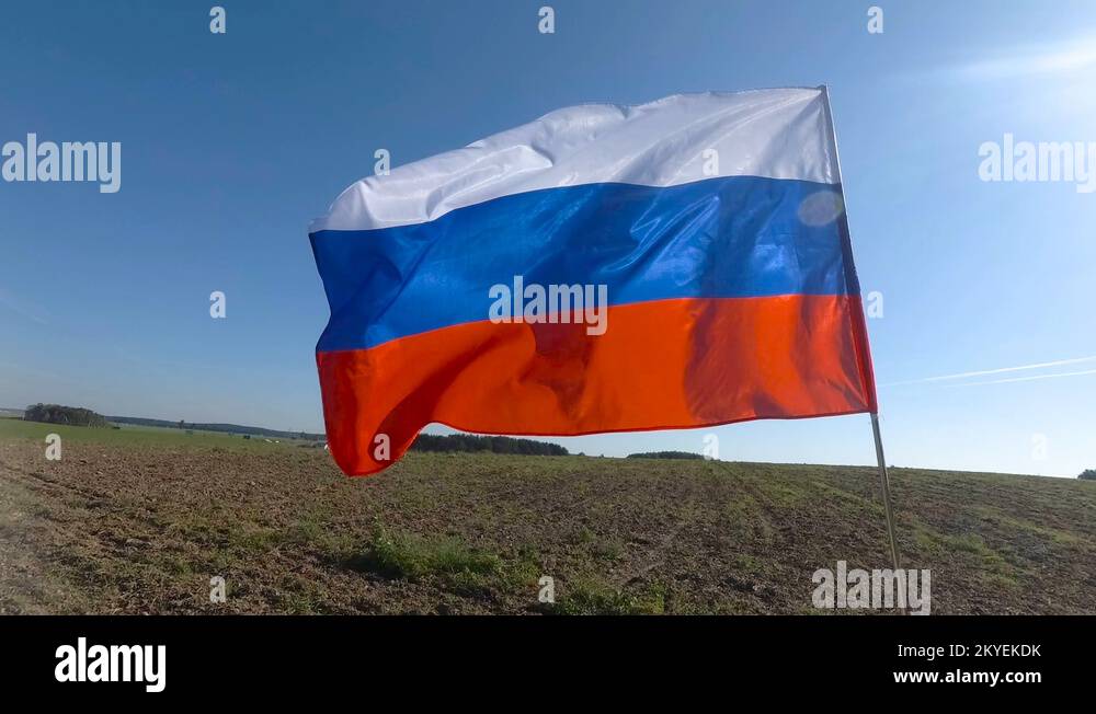 russian tricolor flag flying in slow motion and back lit by the sun in ...