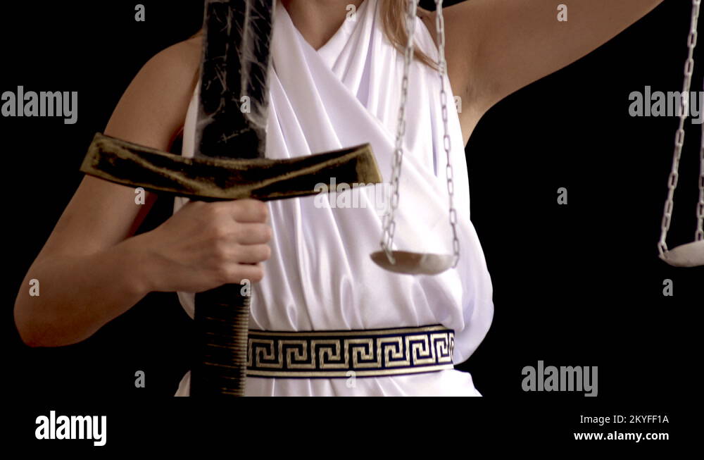 Greek goddess of justice Themis with sword and scales on black ...