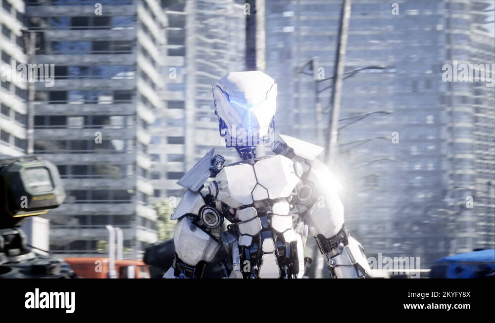 Military robot in destroyed city. Future apocalypse concept. Realistic ...