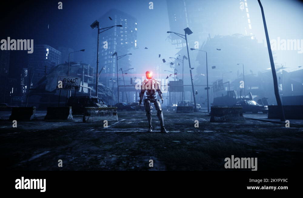 Military robot in destroyed city. Future apocalypse concept. Realistic ...