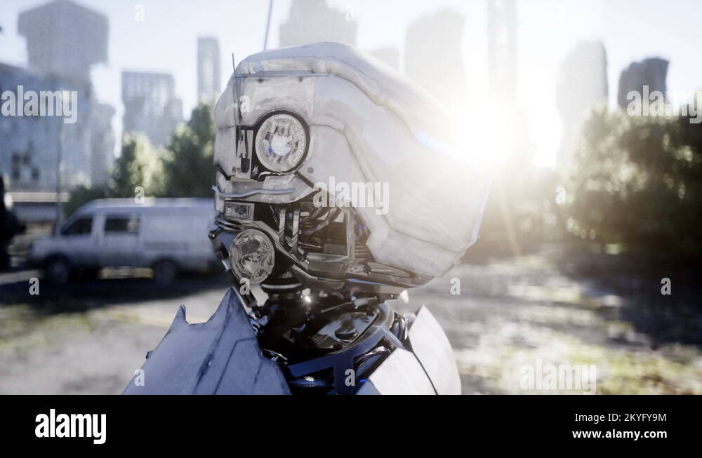 Military robot in destroyed city. Future apocalypse concept. Realistic ...