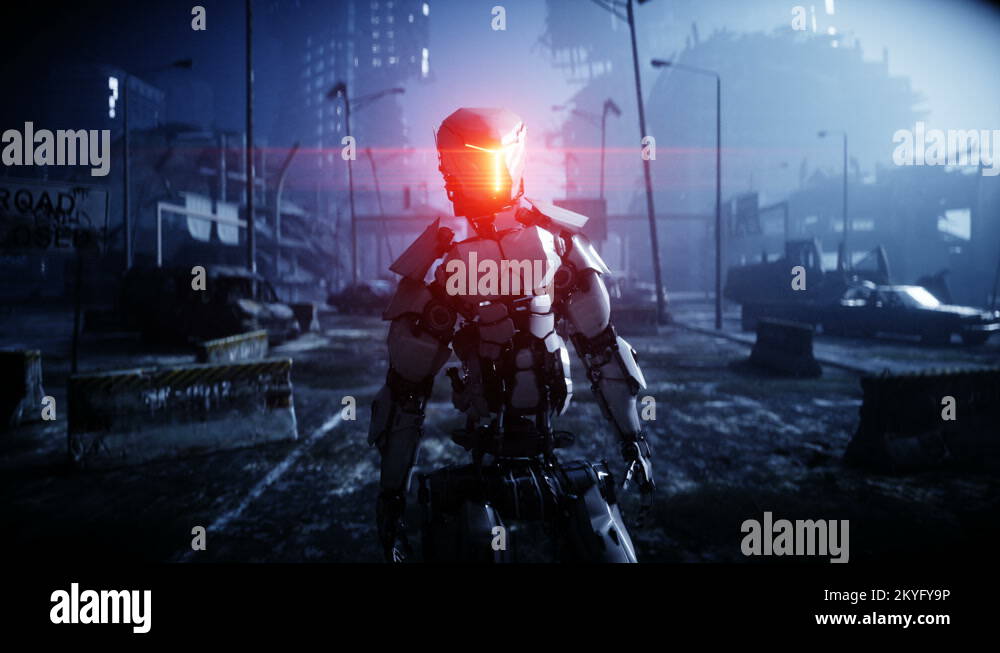 Military robot in destroyed city. Future apocalypse concept. Realistic ...