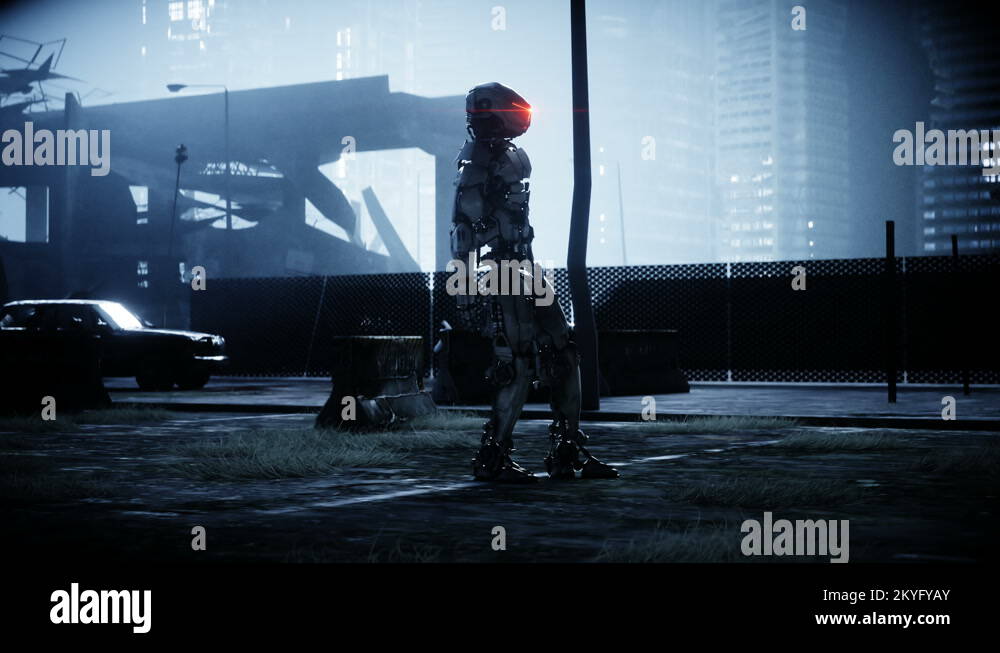Military robot in destroyed city. Future apocalypse concept. Realistic ...