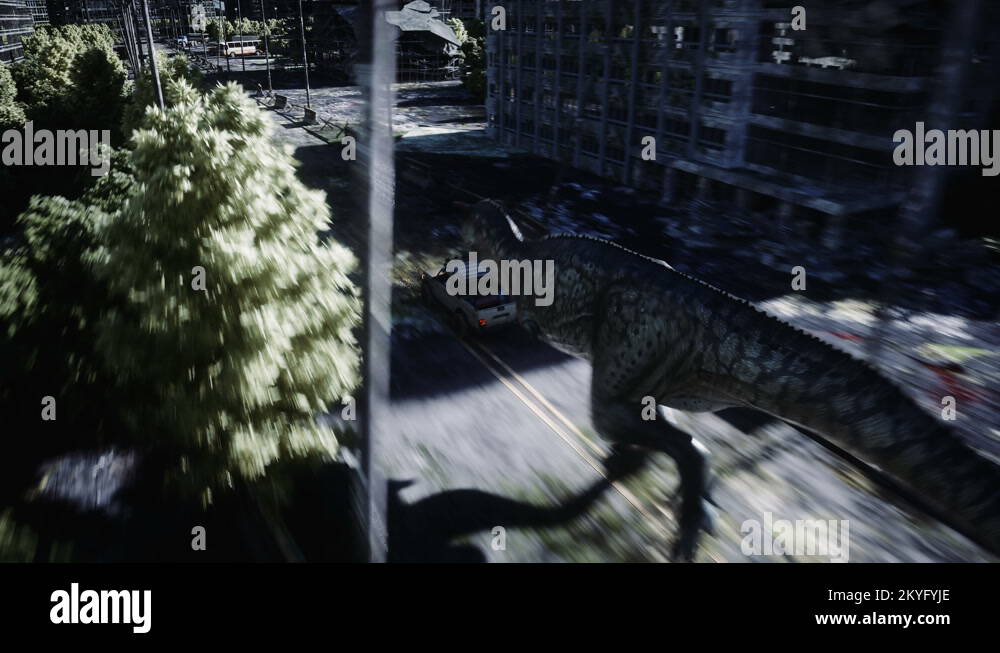 dinosaur rex running behind the car in destroyed city. Dinosaurs ...