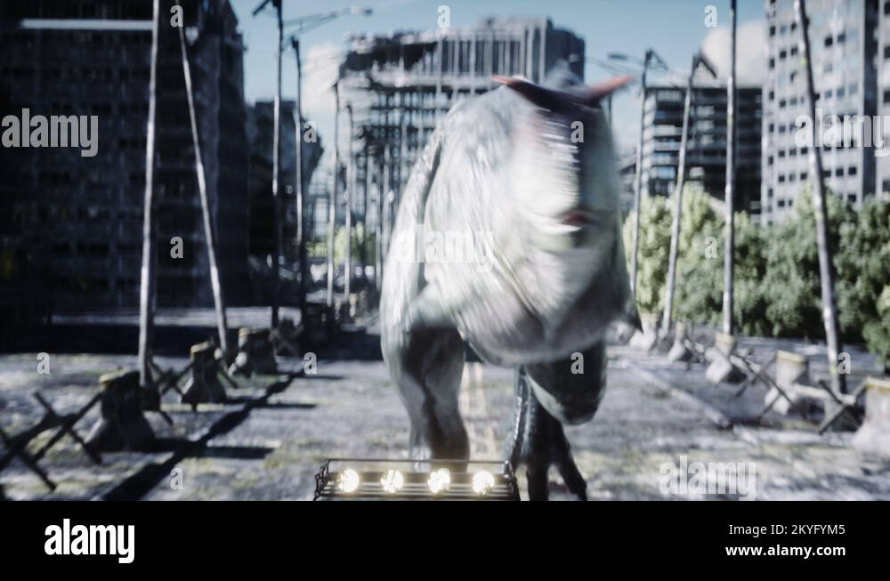 dinosaur rex running behind the car in destroyed city. Dinosaurs ...