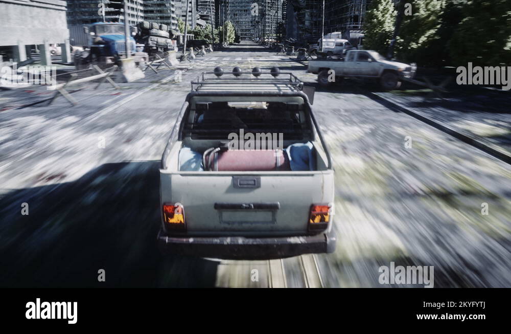 alone old car rides in a ruined city. Apocalypse concept. Super ...