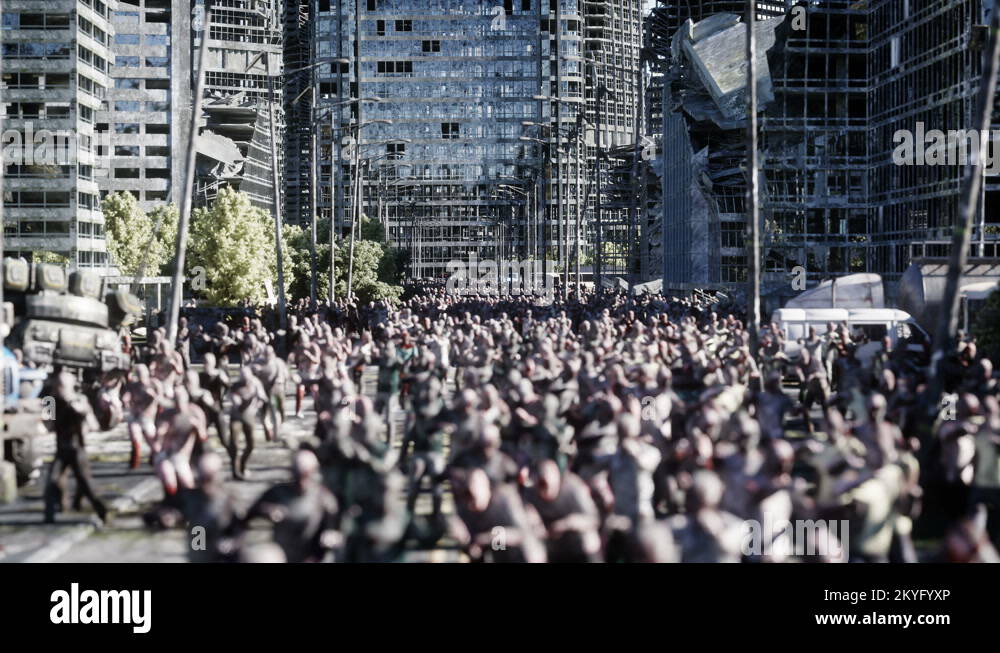 horror zombie crowd walking. Destroyed city. Apocalypse view, concept ...