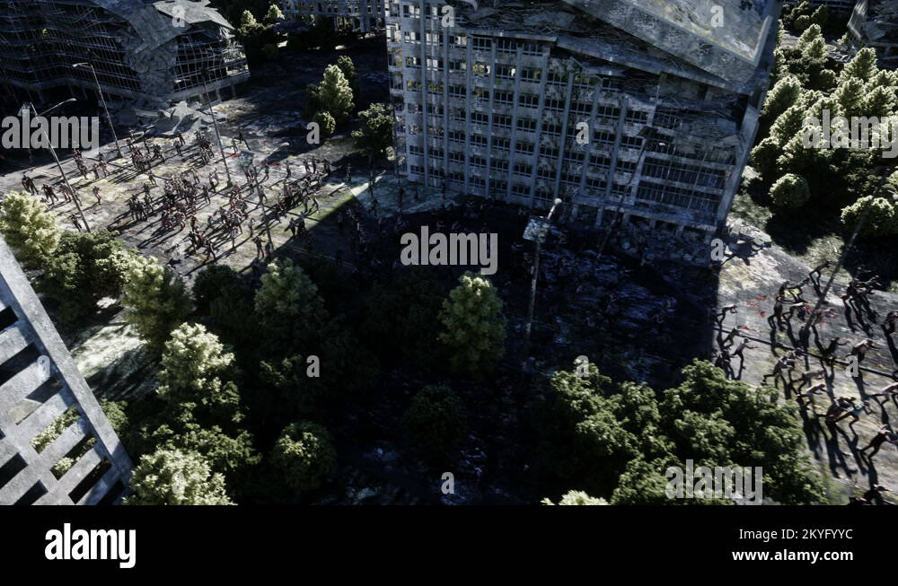 horror zombie crowd walking. Destroyed city. Apocalypse view, concept ...