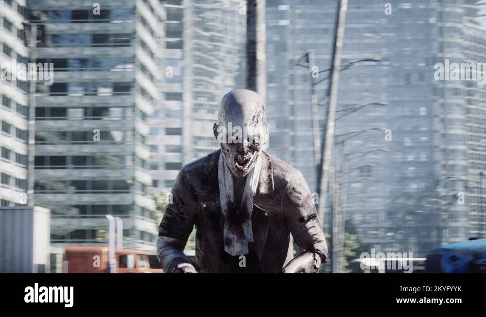 Terrible zombie in destroyed city. Zombie apocalypse concept. Realistic ...