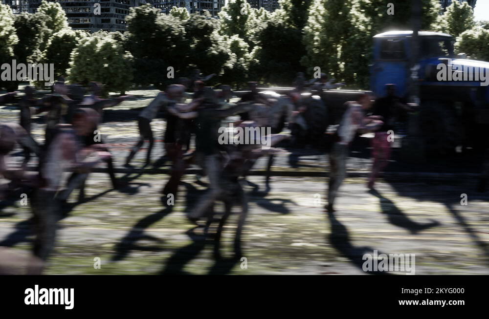 horror zombie crowd walking. Destroyed city. Apocalypse view, concept ...
