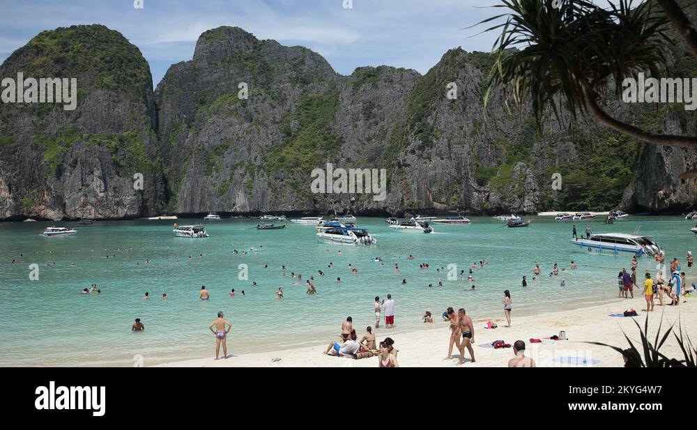 Crowd of People Swimming on Maya Bay Thai Beach Phi Phi Leh Iconic Exotic Island Stock Video ...