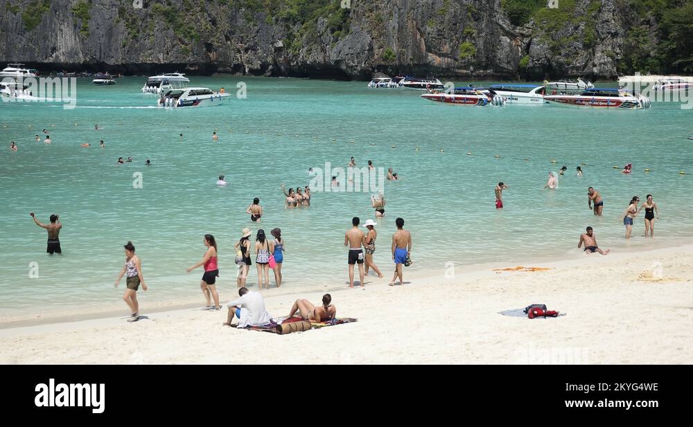 Crowd of People Swimming on Maya Bay Beach Phi Phi Leh Exotic Island in ...
