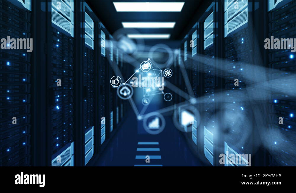 Beautiful Blue Network Icons Flowing in Futuristic Datacenter Room Server Racks Stock Video ...