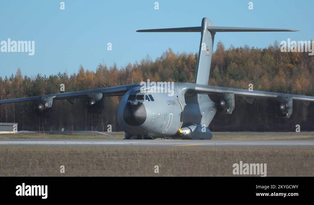 Military airplane Airbus A400M Atlas propeller taxiing turning front ...