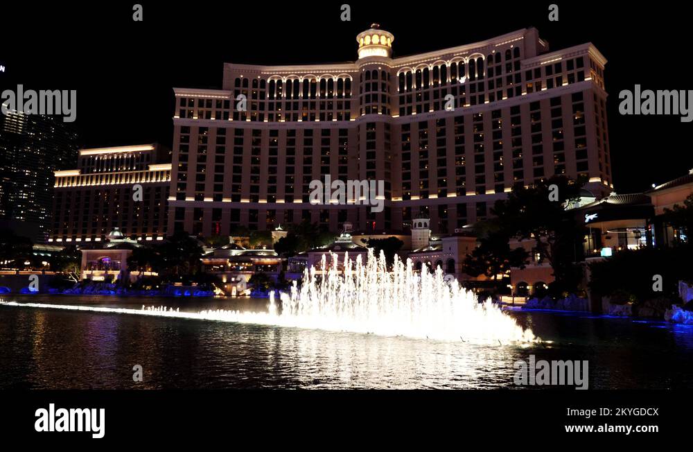 The Bellagio Fountains Water Show at night in Las Vegas Stock Video ...
