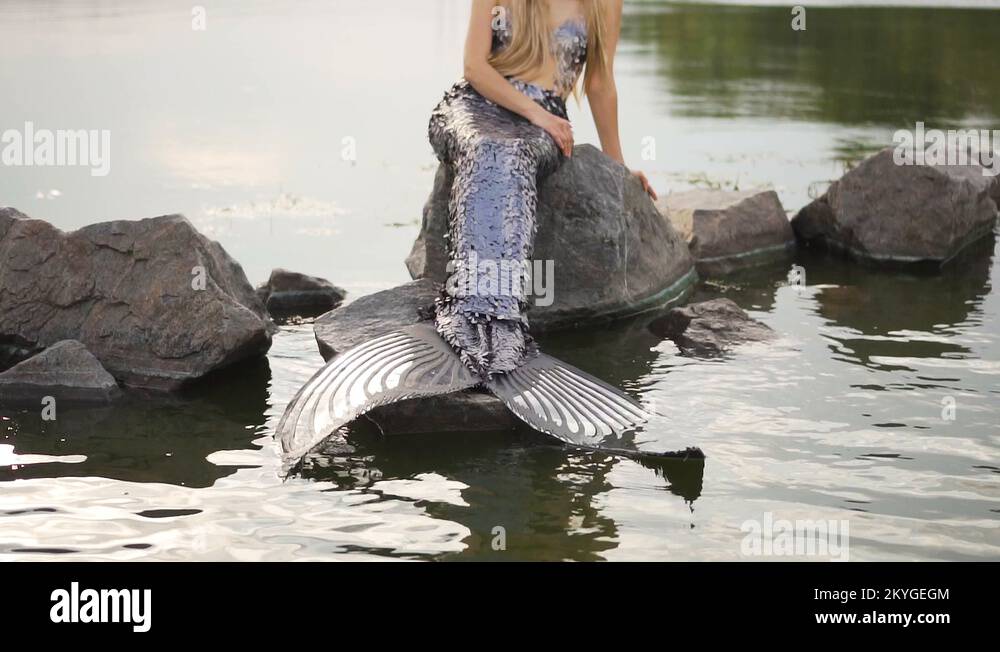 mermaid with silver scaly tail on a stone in water, straightens her ...