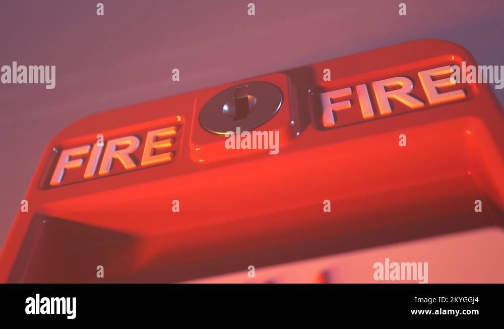 "Fire alarm switch on a wall in a conflagration smoke. Button lit by ...