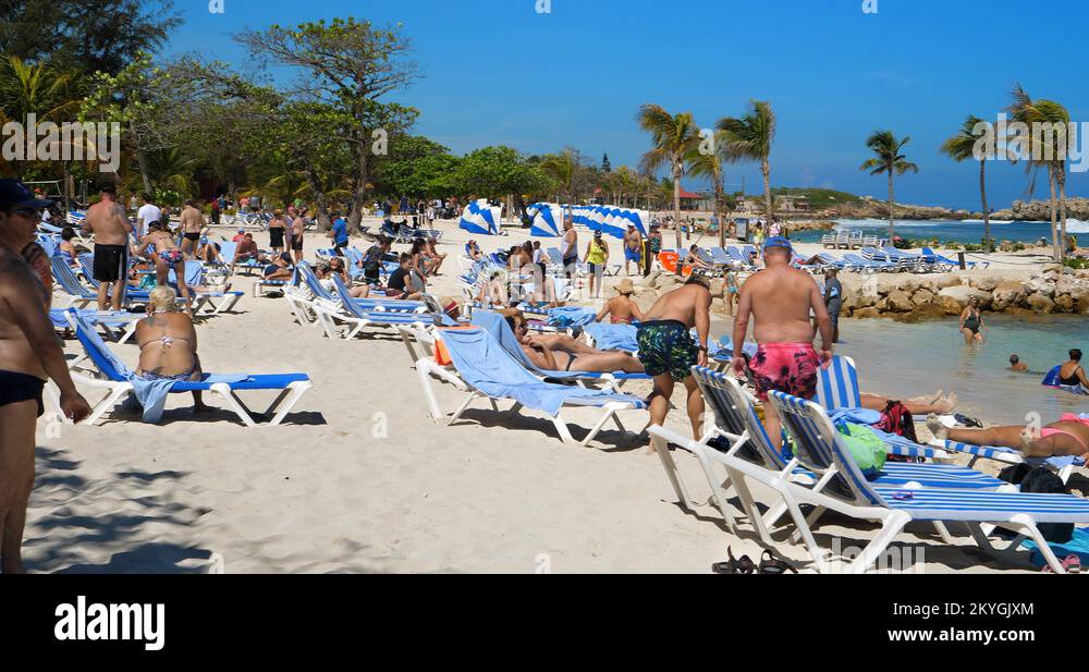 Tourists from Caribbean cruise ship visit Labadee tropical beach in ...