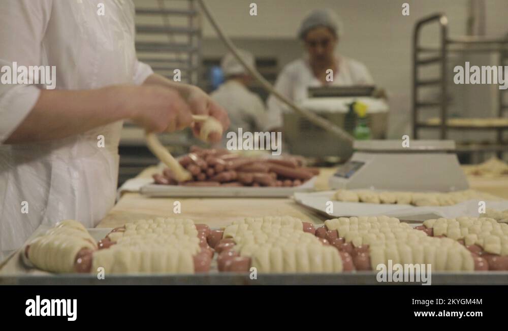 Close up of processing in food industry. Scene. Workers at food factory ...