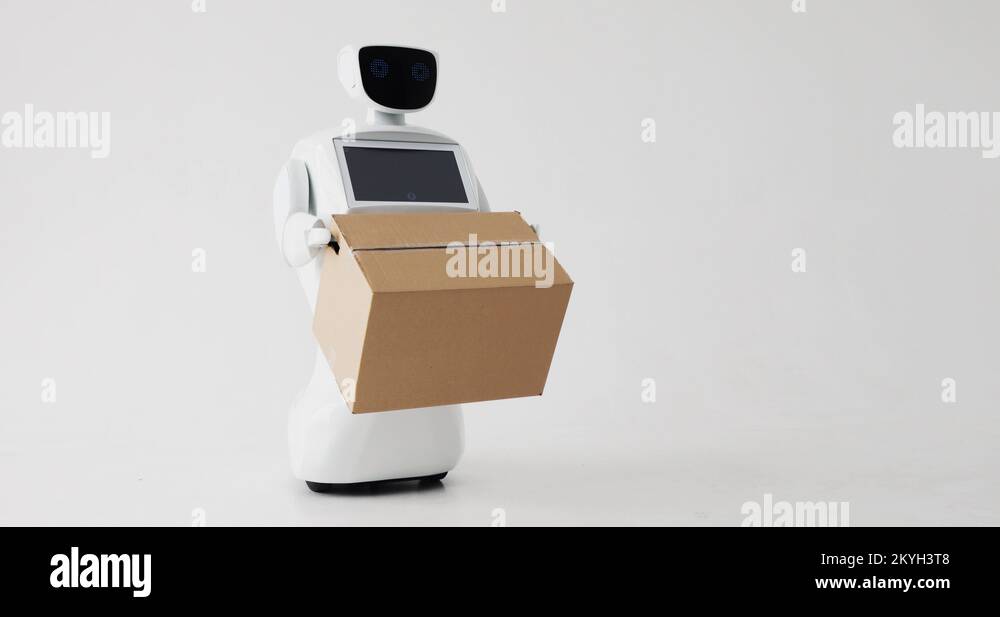 the robot delivers the parcel. delivery concept. Modern Robotic ...